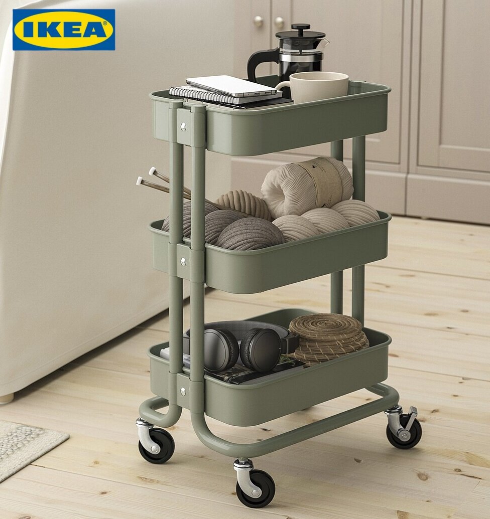 Тележка IKEA RASKOG 28×38×61 см, металлическая, напольная, 3 уровня, серо-зелёная