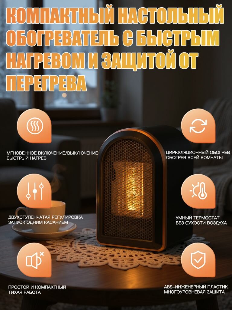 Компактный настольный обогреватель с быстрым нагревом и защитой от перегрева