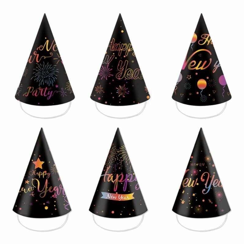 Рождество 2026, Новогоднее украшение, головной убор, радужная бумажная Шляпа-Черный-6шт