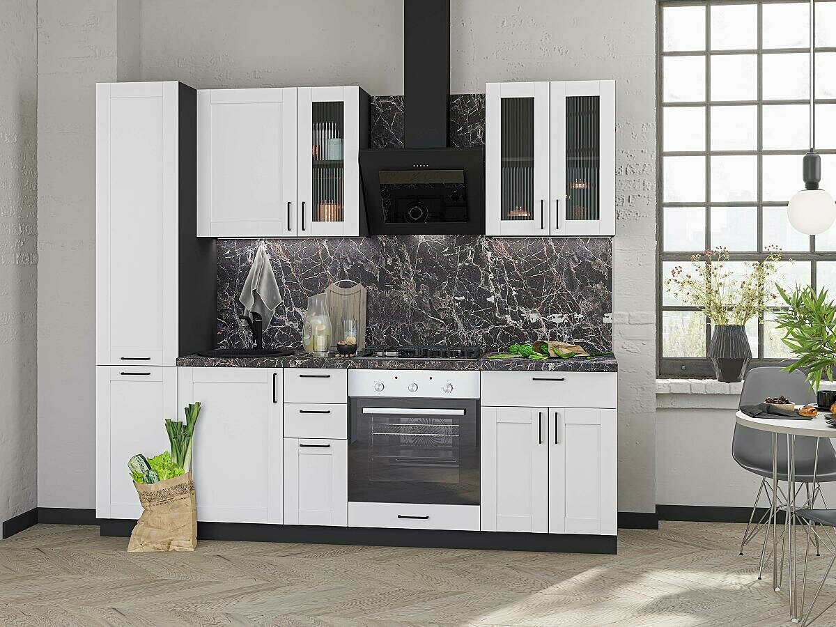 Готовый кухонный гарнитур кухня 2,3 метра без столешницы Лофт-02 2140*2300*600 White Silk, Graphite