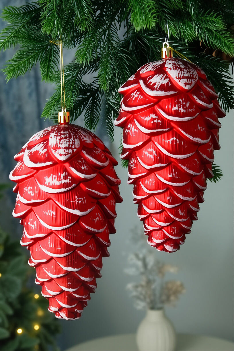 Набор ёлочных украшений шишки С мороза, пластик, красный, 18 см, 2 шт, Winter Deco 1000806