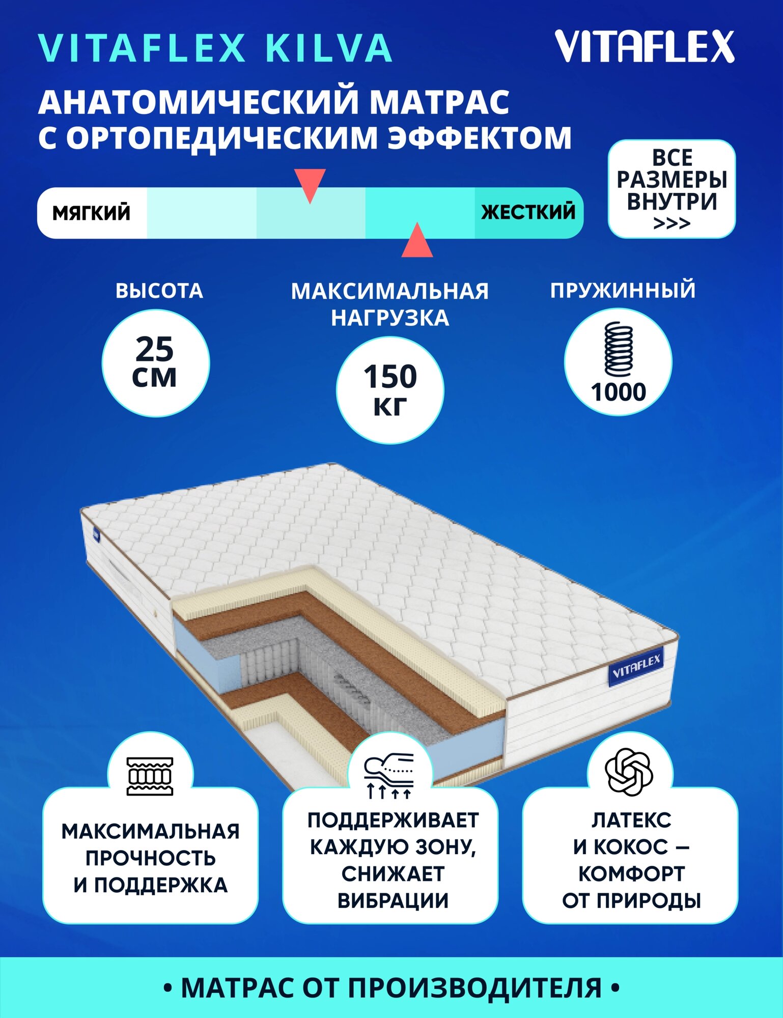 Матрас Vitaflex Kilva 120х200 серии Lux высота 25 см анатомический средней жесткости кокосовый латексный Независимые