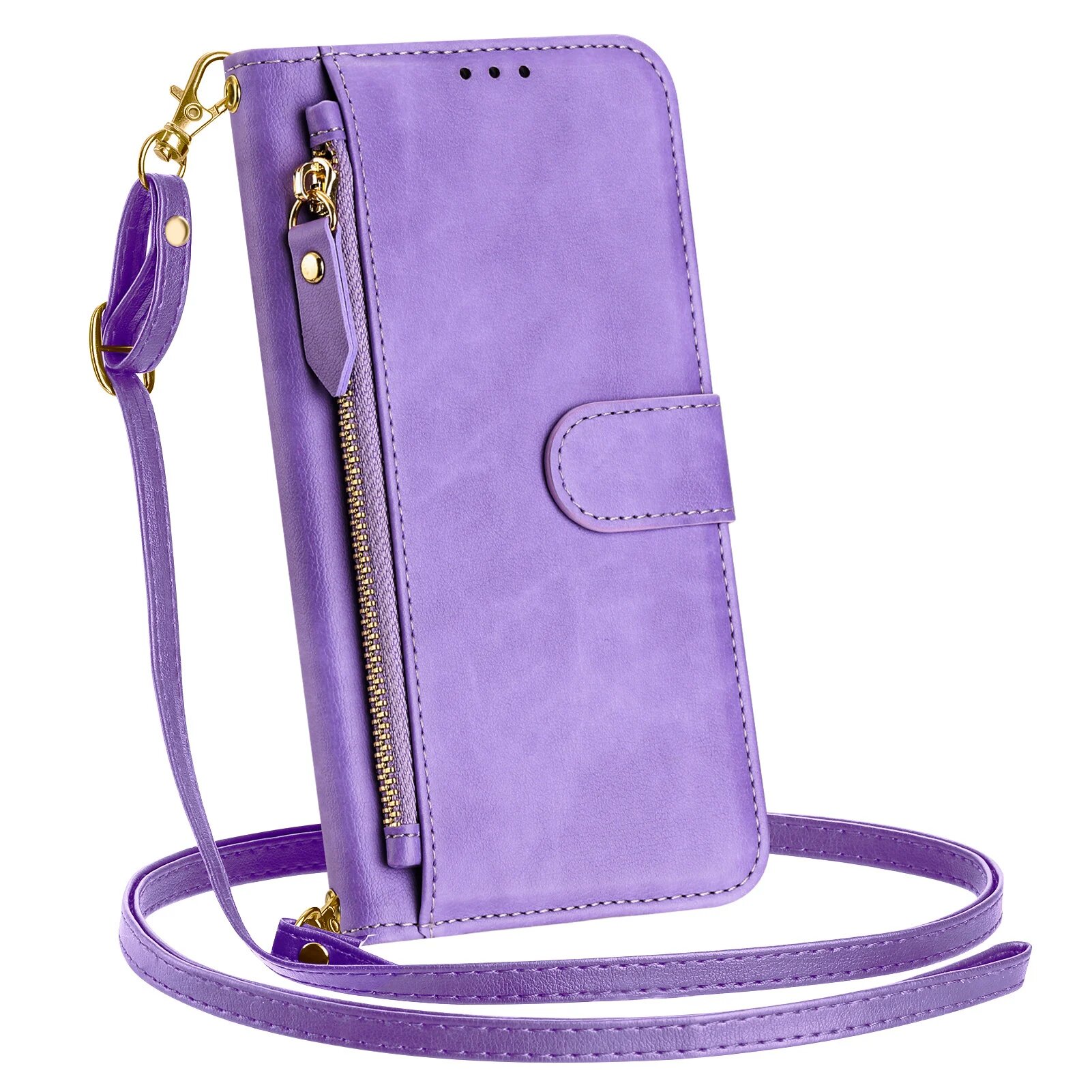 Сумка через плечо на молнии Кожаный чехол для телефона для iPhone 16, Purple, For iPhone 14Pro Max