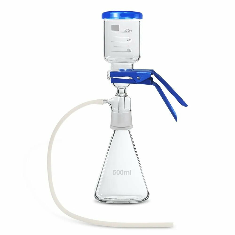 Лабораторный вакуумный фильтрационный дистилляционный аппарат, набор из боросиликатного стекла с колбой на 500 мл, градуированной воронкой на 300 мл и резиновой трубкой