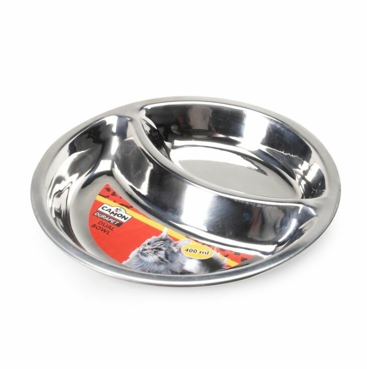 Миска "Camon", для собак и кошек, двойная, с разделением, нержавеющая сталь, 400 мл