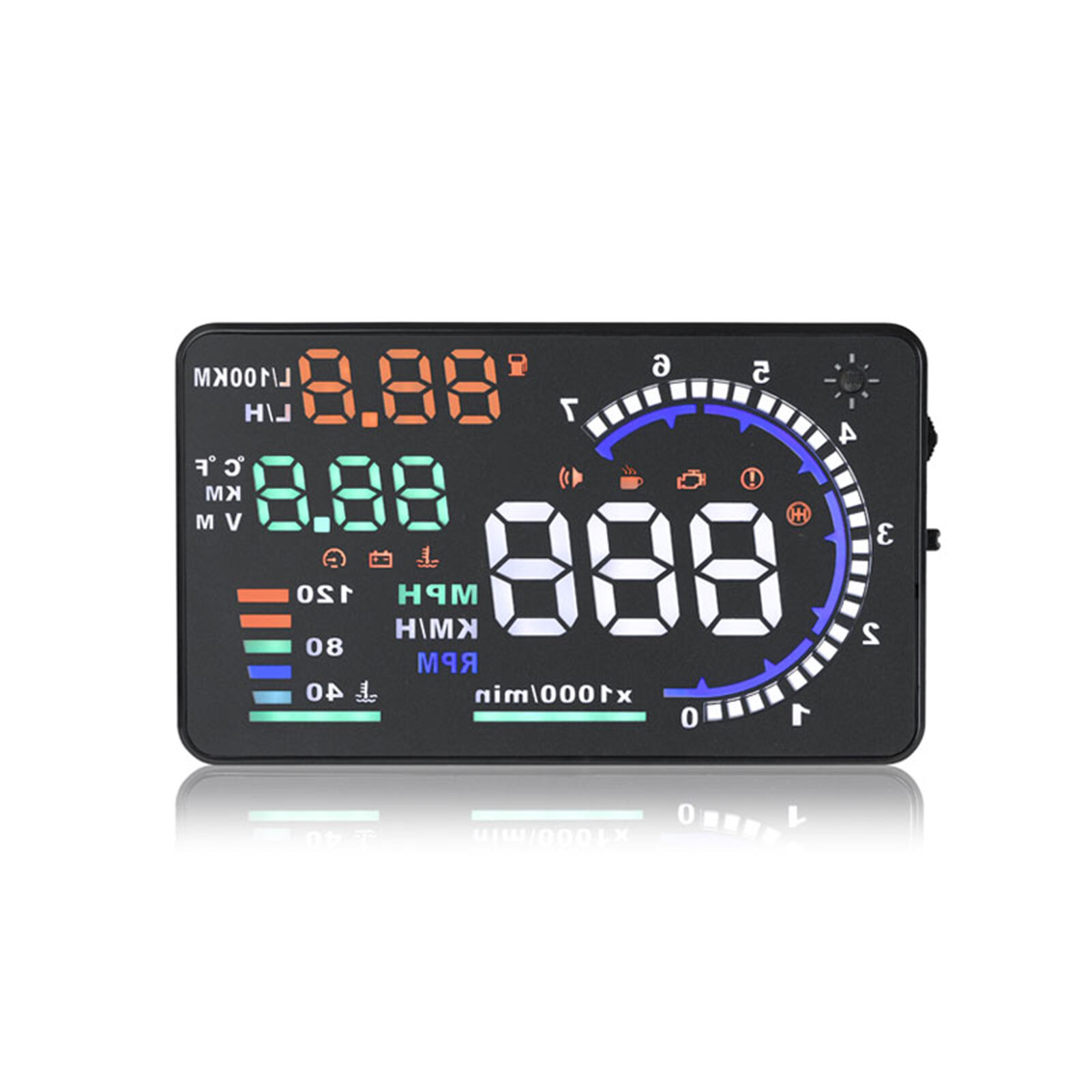 Car HUD Head up Display OBDⅡ 5.5inch Large Screen Projector Digital HUD Speedometer MPH RPM Overspeed Warning Safe Driving Black ABS 4.92*2.95*0.59inch -40℃~+80℃ 86-106KPa 10%-95% 9V~16Vdc 12Vdc/400mA 17*13*4.5cm 275g 1* Heads up Display 1* OBD Cable 1*
