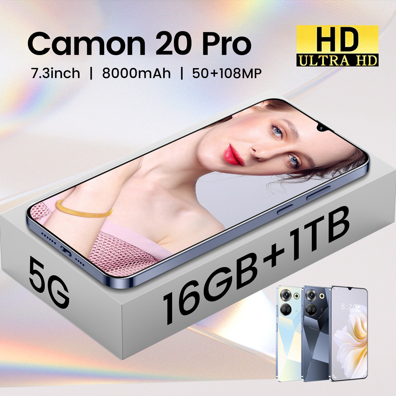 Смартфон Camon 20 Pro с 7,3-дюймовым HD-экраном, 2+16 ГБ оперативной и 16 ГБ встроенной памяти, Android.