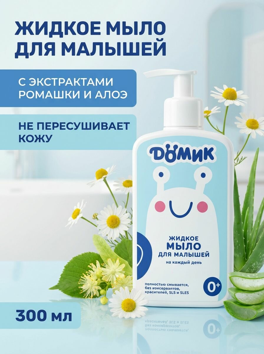 Натуральное жидкое мыло для малышей 0+ Дёмик с ромашкой пантенолом и экстрактами трав гипоаллергенное увлажняющее 300 мл