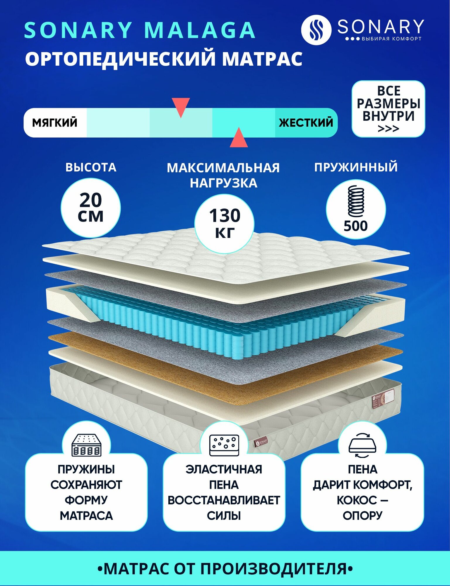Матрас Sonary Malaga 90х210 серии Town высота 20 см анатомический средней жесткости кокосовый Независимые пружины