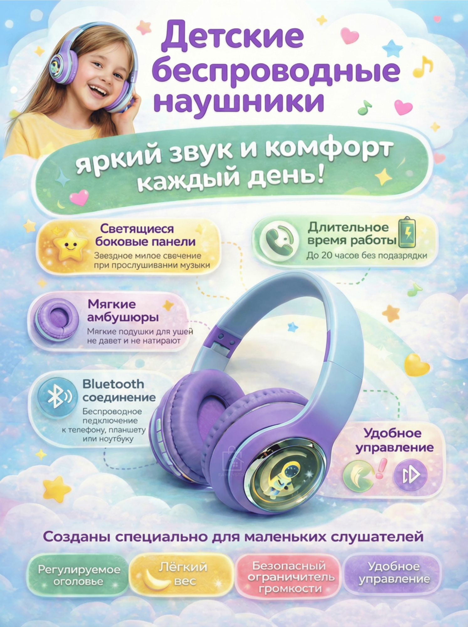 Наушники детские беспроводные, с RGB подсветкой, складные, детские с микрофоном