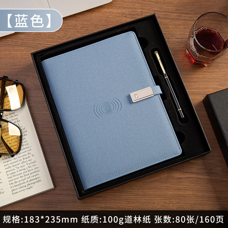 Беспроводной зарядный блокнот формата А5 для бизнеса и офиса, многофункциональный, с USB-накопителем и внешним аккумулятором, с возможностью персонализации.