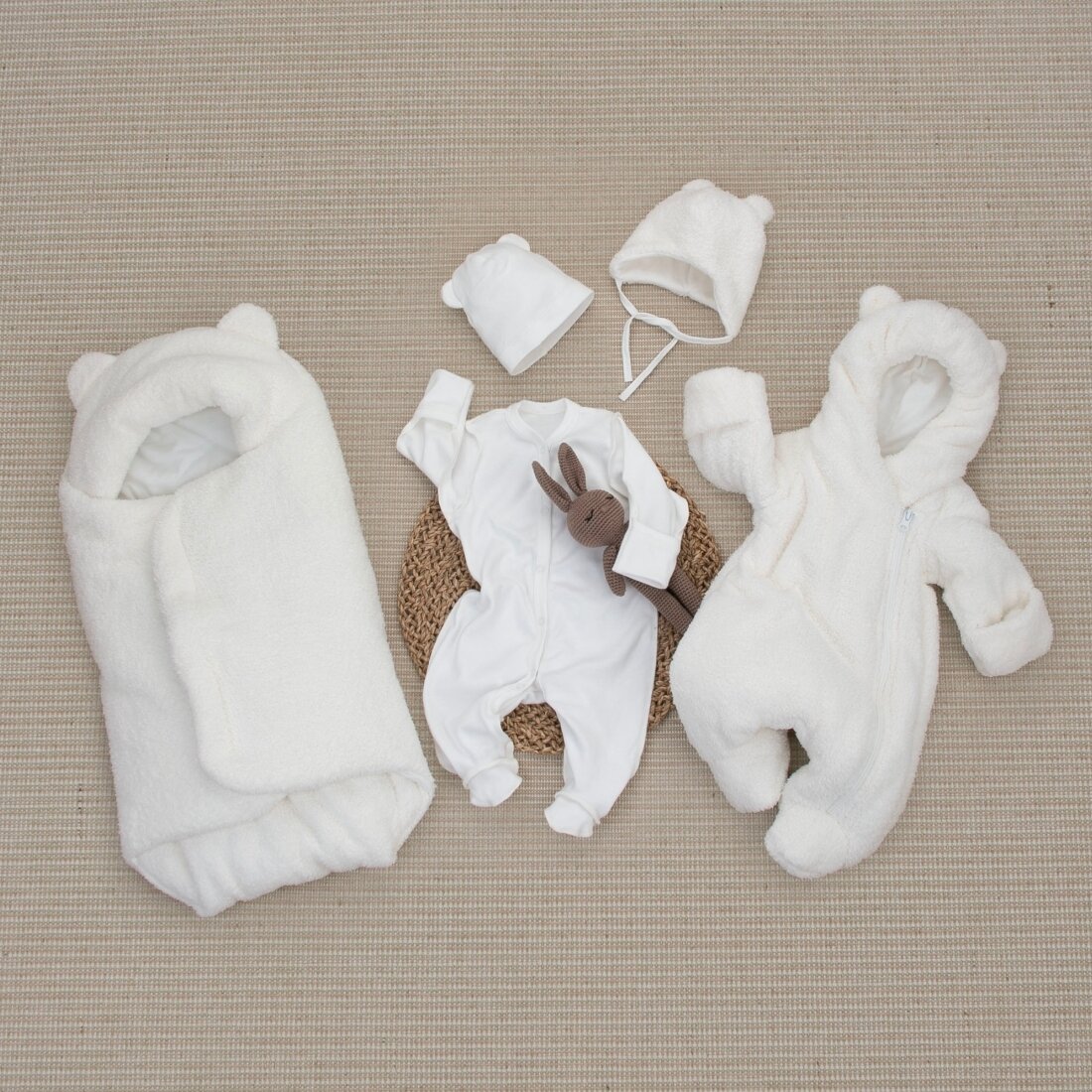 Комплект на выписку 5 предметов "Пушуня", демисезонный, молоко, р-р 16