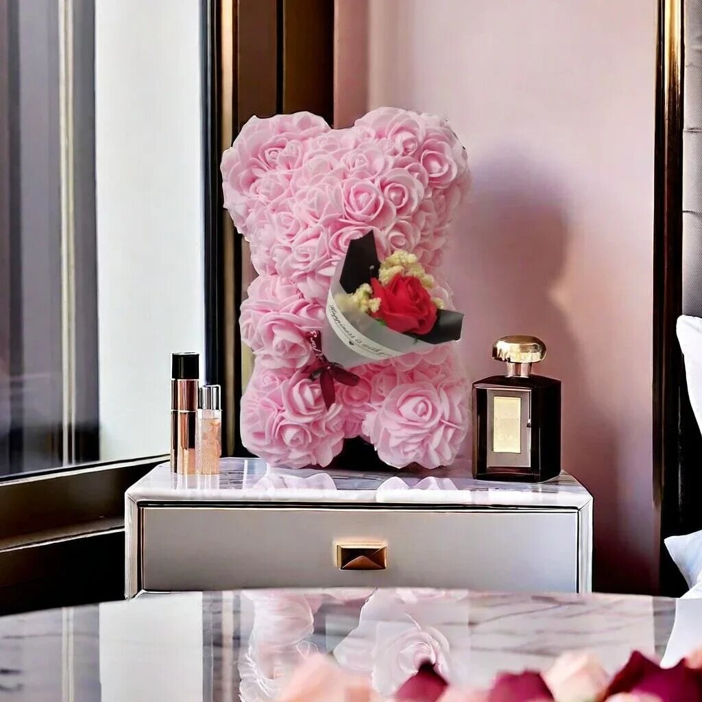 Розовый мишка из искусственных роз, Color: Pink