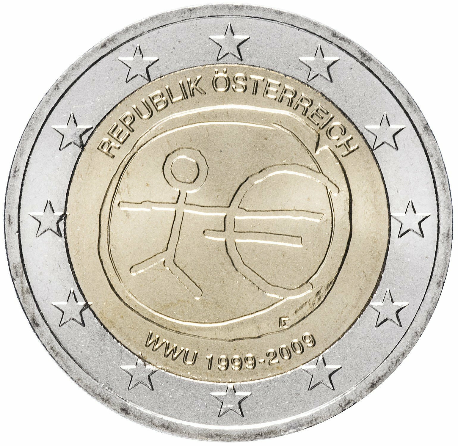 Австрия 2 евро 2009 "10 лет Экономическому и валютному союзу", Биметалл, в сохранности UNC