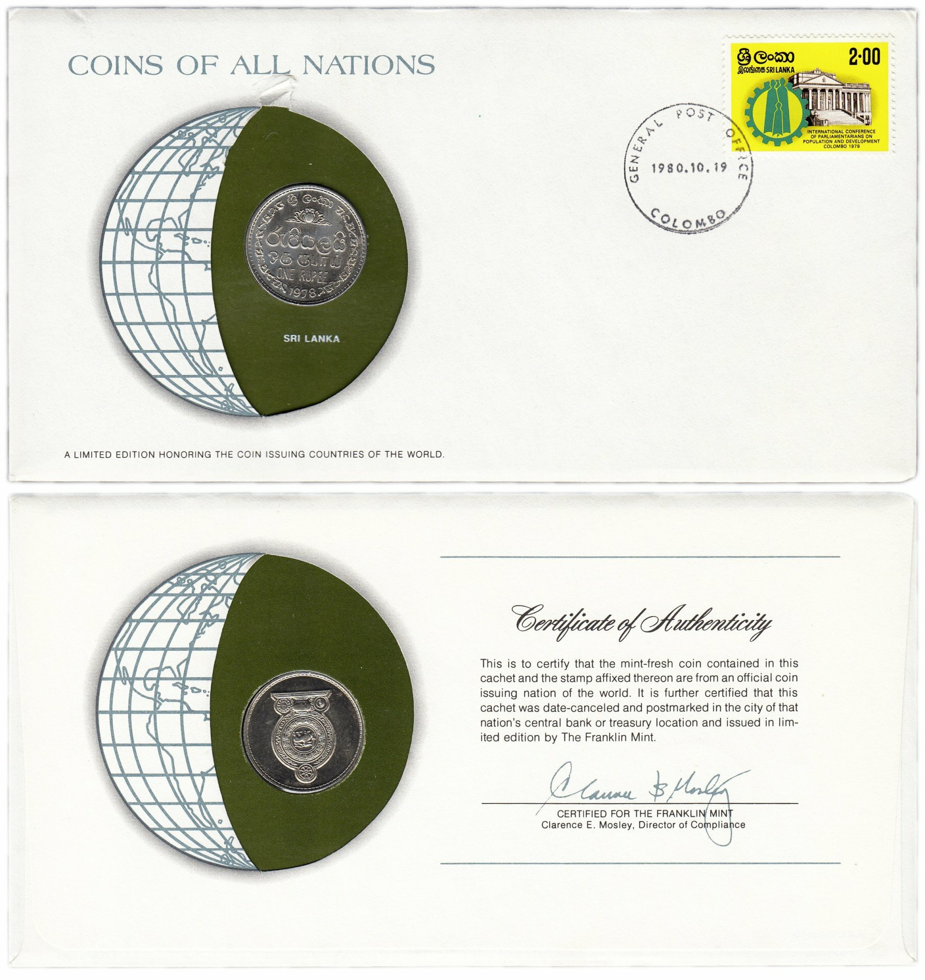 Серия "Монеты всех стран мира" - Шри-Ланка 1 рупия rupee 1978 монета и 1 марка в конверте, Мельхиор медь-никель, в сохранности UNC