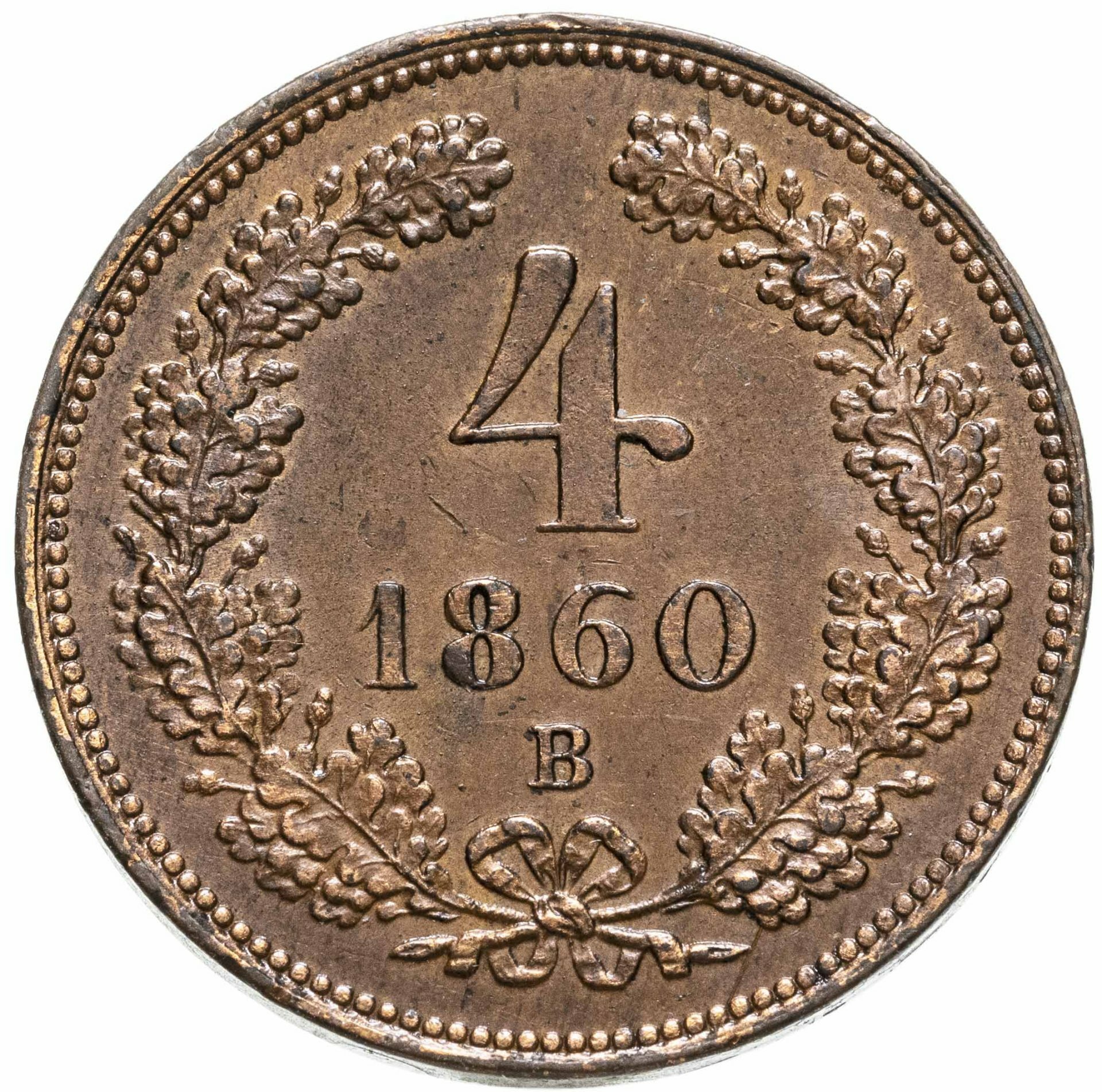 Австрия 4 крейцера 1860 В, Медь, в сохранности AU-UNC