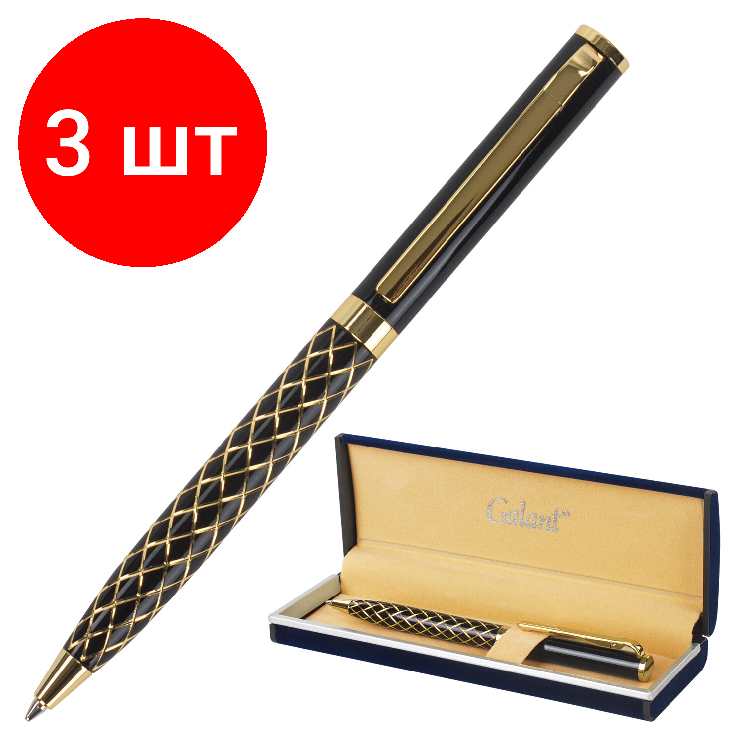 Комплект 3 шт, Ручка подарочная шариковая GALANT "Klondike", корпус черный с золотистым, золотистые детали, пишущий узел 0.7 мм, синяя, 141357