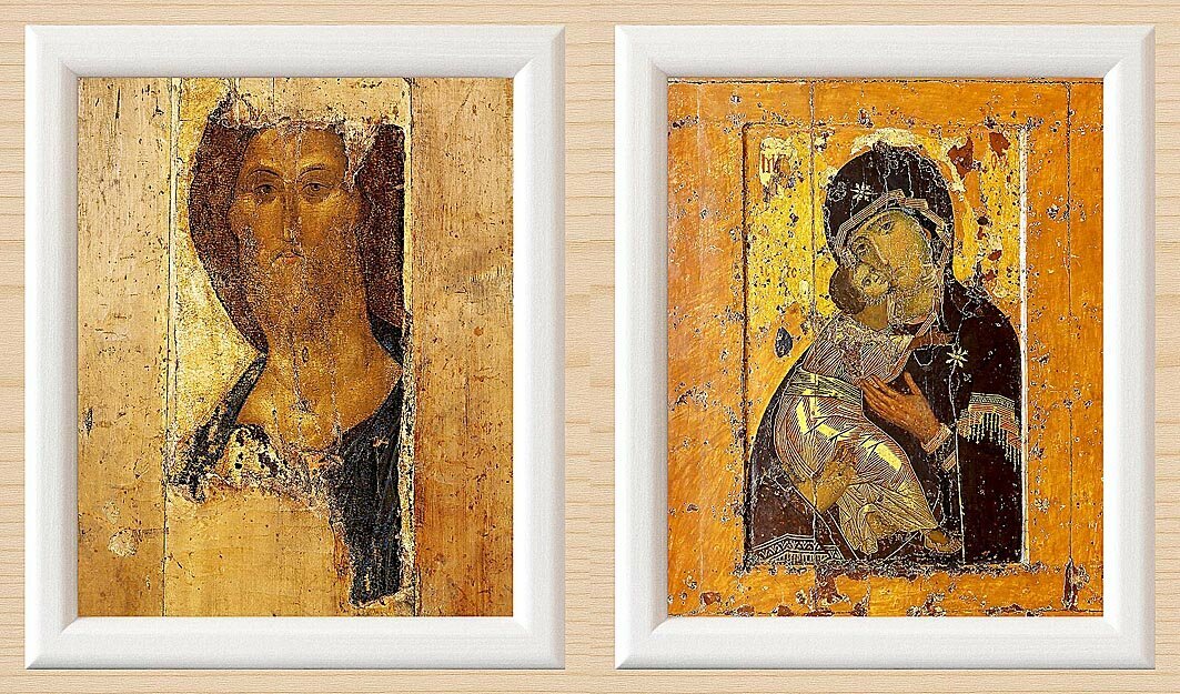 Венчальная пара "Спас Вседержитель (Андрей Рублев, 1410 г) - Владимирская икона Божией Матери (XII в)", две иконы в белых деревянных рамках 17,5*20,5 см