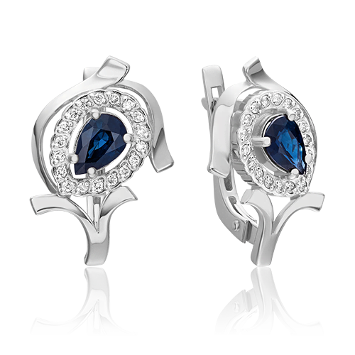 Серьги, белое золото, 585 проба, бриллиант, сапфир