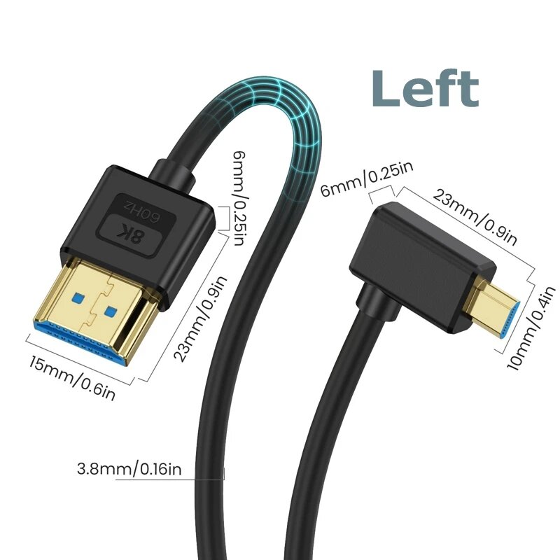 CableCC Micro HDMI-HDMI кабель 90 градусов 8K 1.2m, Left