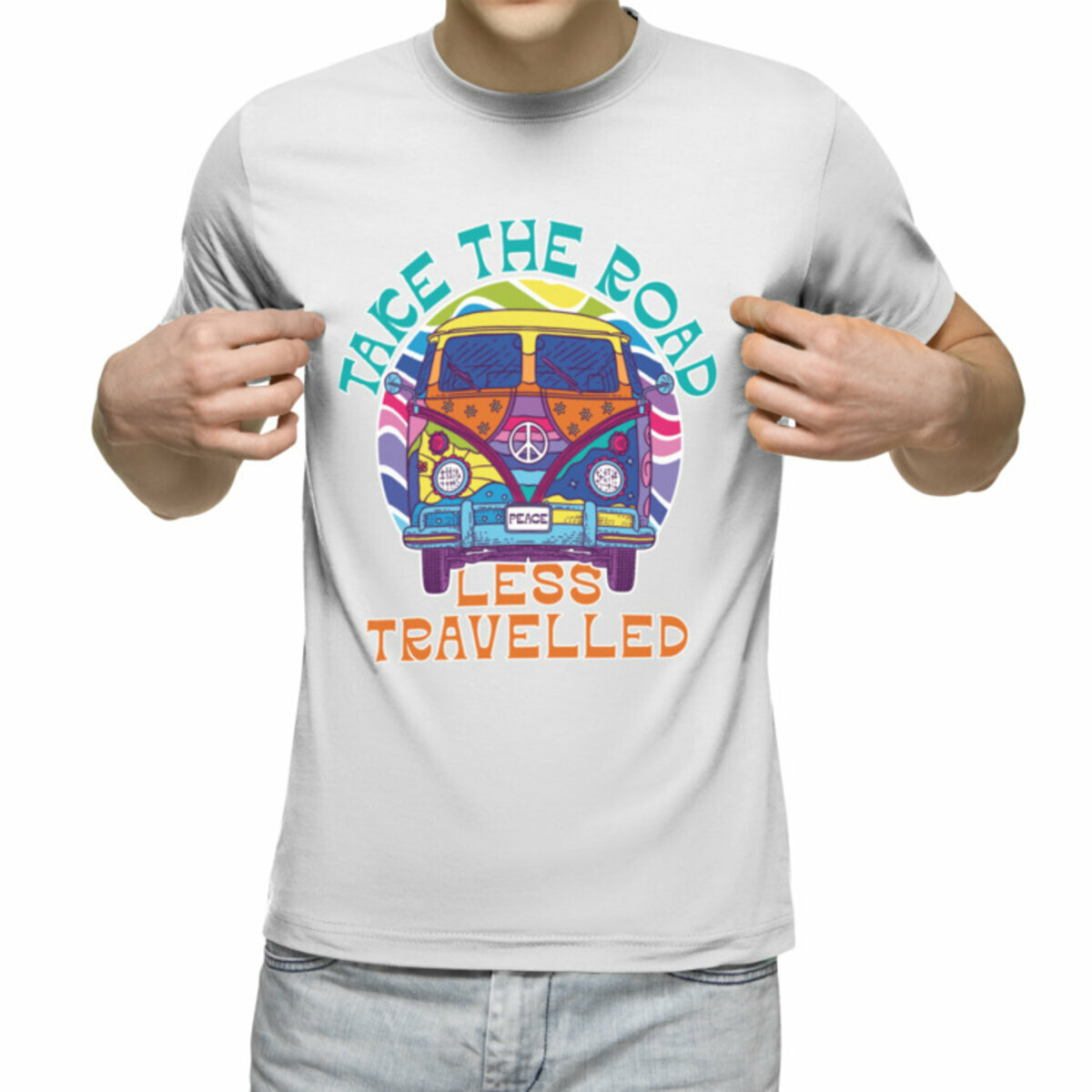 Мужская футболка «Машина хиппи, пацифик, любовь, мир, y2k» (белый, L)