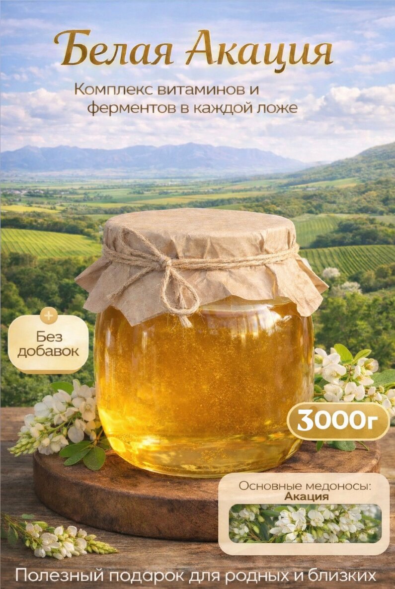 Мёд Акации 2025. Натуральный Краснодар. Диабетический . 3000грамм. Всегда жидкий.