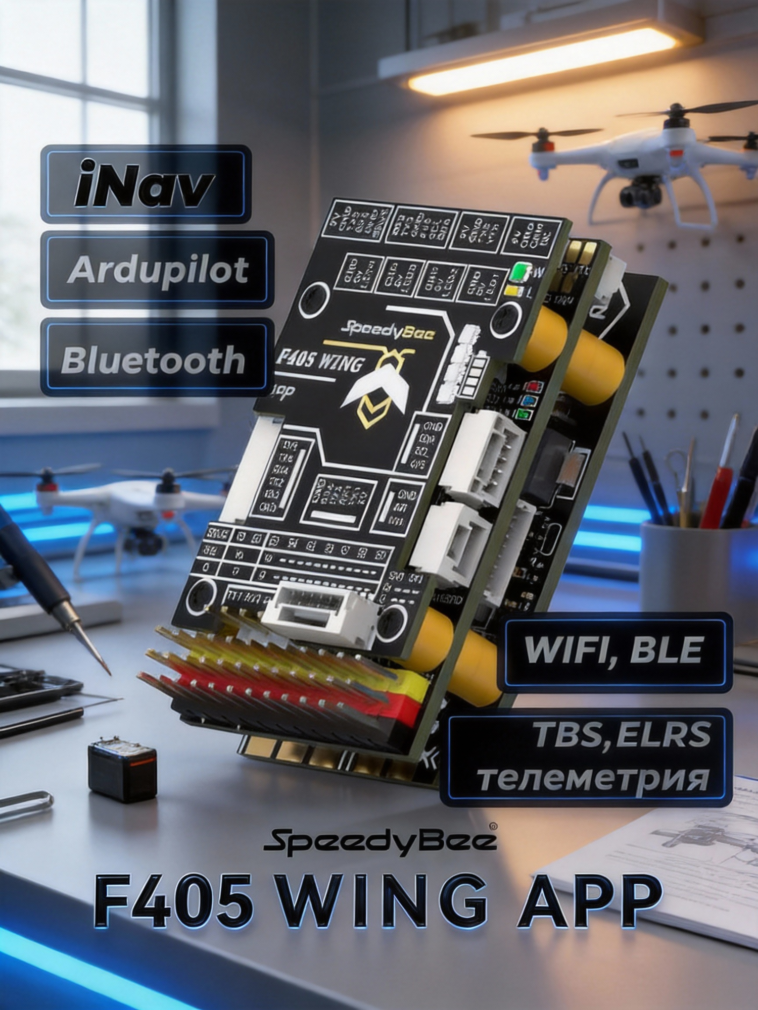 Контроллер полета SpeedyBee F405WING для самолетов и вертолетов, совместим с 2-6S LiPo, поддержка INAV и ArduPilot, беспроводная настройка и индикатор батареи