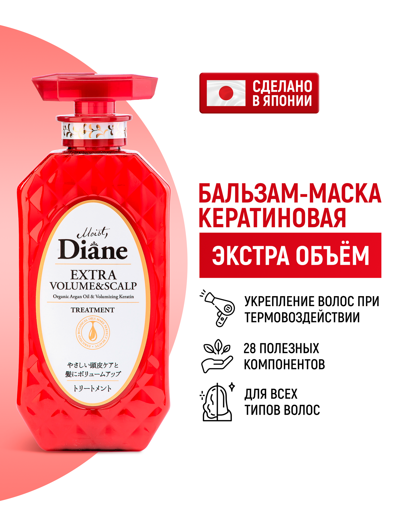 Moist Diane Бальзам-маска кератиновая Perfect Beauty "Объем" / Кондиционер для тонких волос / С биотином, керамидами и аргановым маслом (Япония) 450 мл