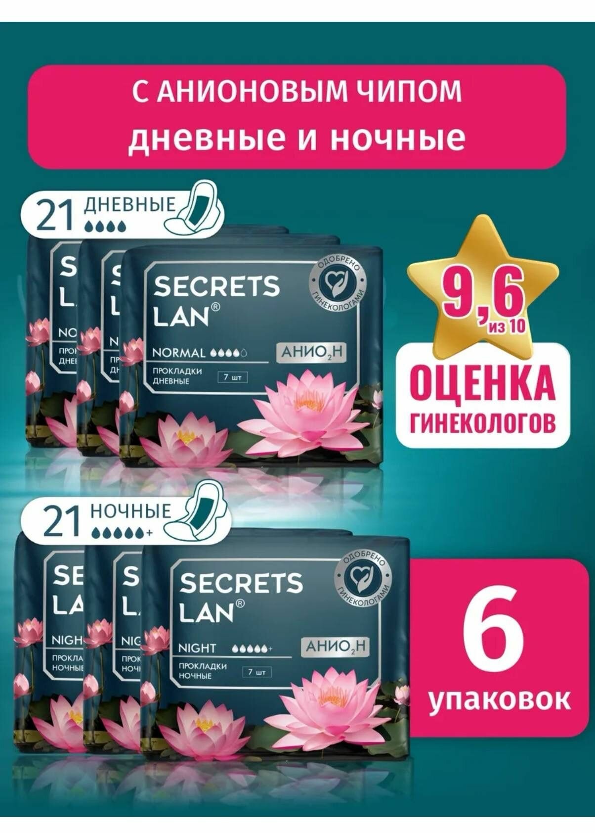 Прокладки женские дневные и ночные анионовые 6 уп
