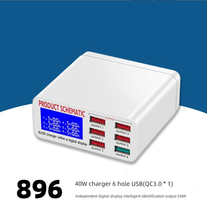 6-портовый USB-адаптер с дисплеем, 5 USB портов + 1 QC3.0, быстрая зарядка для ноутбуков