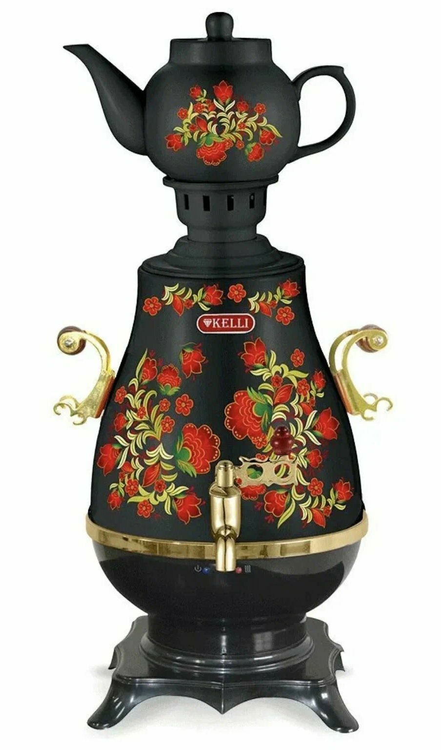 Самовар Kelli KL-1322 красные цветы на черном 2200вт, 4литра, заварочный чайник 0.9л, функция автоматического кипячения и поддержания температуры