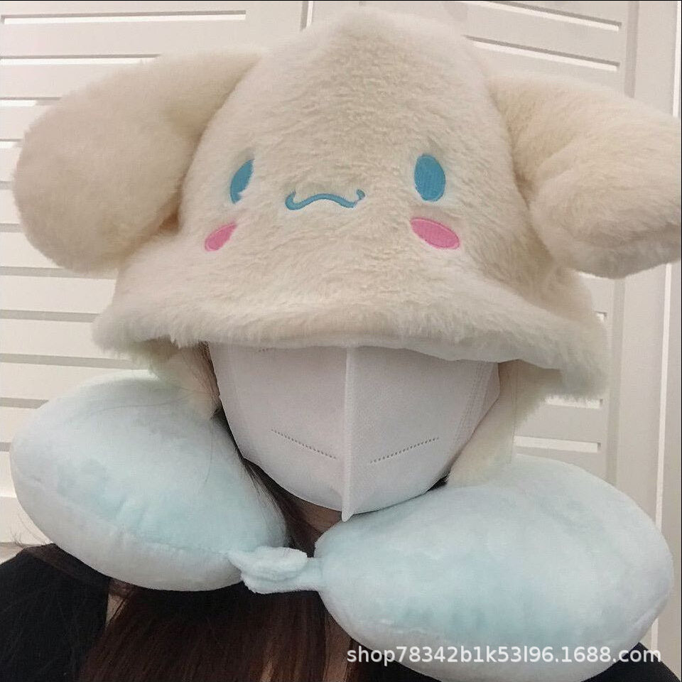 Дорожная подушка с капюшоном и мультяшным принтом, Neck Pillow, For adult, Белая собачка