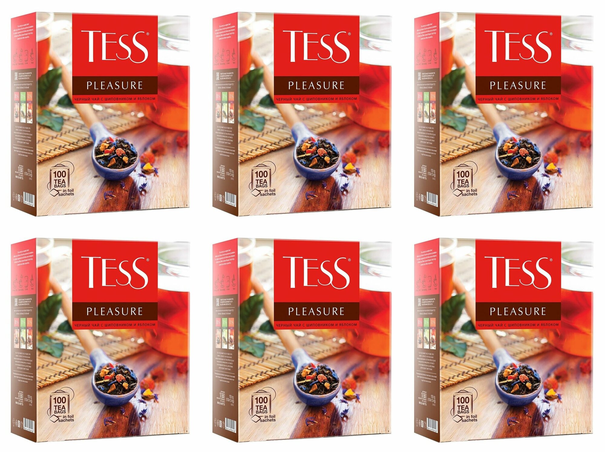 Tess Чай черный в пакетиках Pleasure шиповник/яблоко, 100 штук по 1,5 г, 6 уп