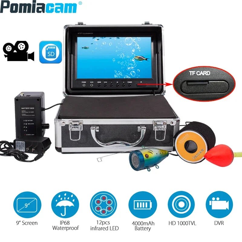 WF09 Детектор рыбы 15M DVR HD Видео подводная камера для рыбалки Инфракрасное ночное видение Обнаружение рыбы Рыбалка на плоту Мониторинг 9 дюймов