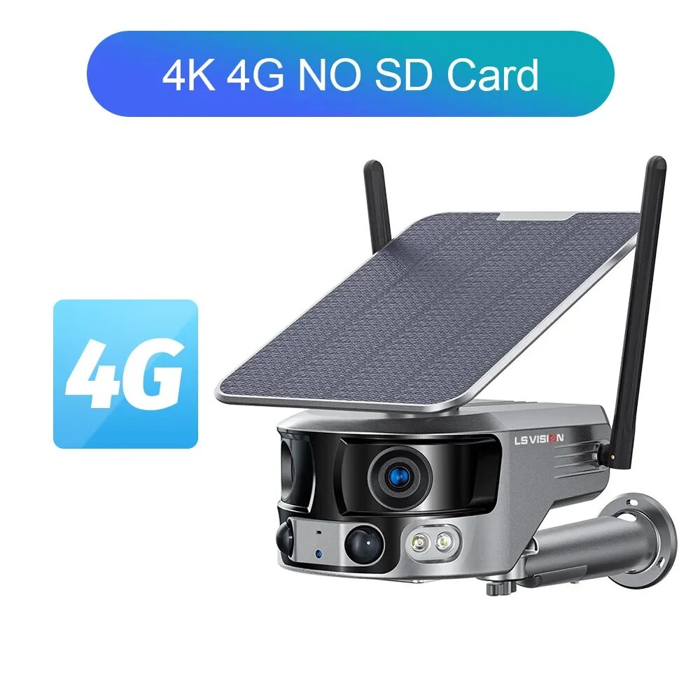 LS VISION 4K 8MP Двухлинзовая 4G Солнечная Камера Наружная WIFI 180° Ультраширокий Угол Обзора PIR Обнаружение Человек Безопасностная Камера 4X Зум