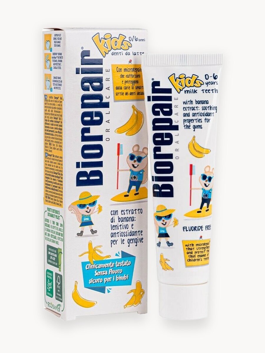 Детская зубная паста Biorepair Kids со вкусом банана, 0+ лет, без фтора, 50 мл