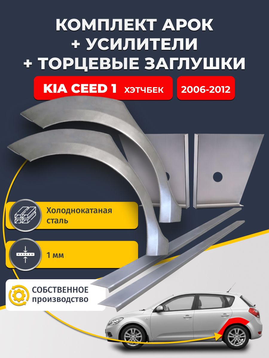 Комплект ремонтных задних арок (0,8 мм) + торцевые заглушки (1 мм) + усилители (1 мм) на Kia Ceed 1 2006-2012 хэтчбек 5 дв. (Киа Сид 1). Холоднокатаная сталь