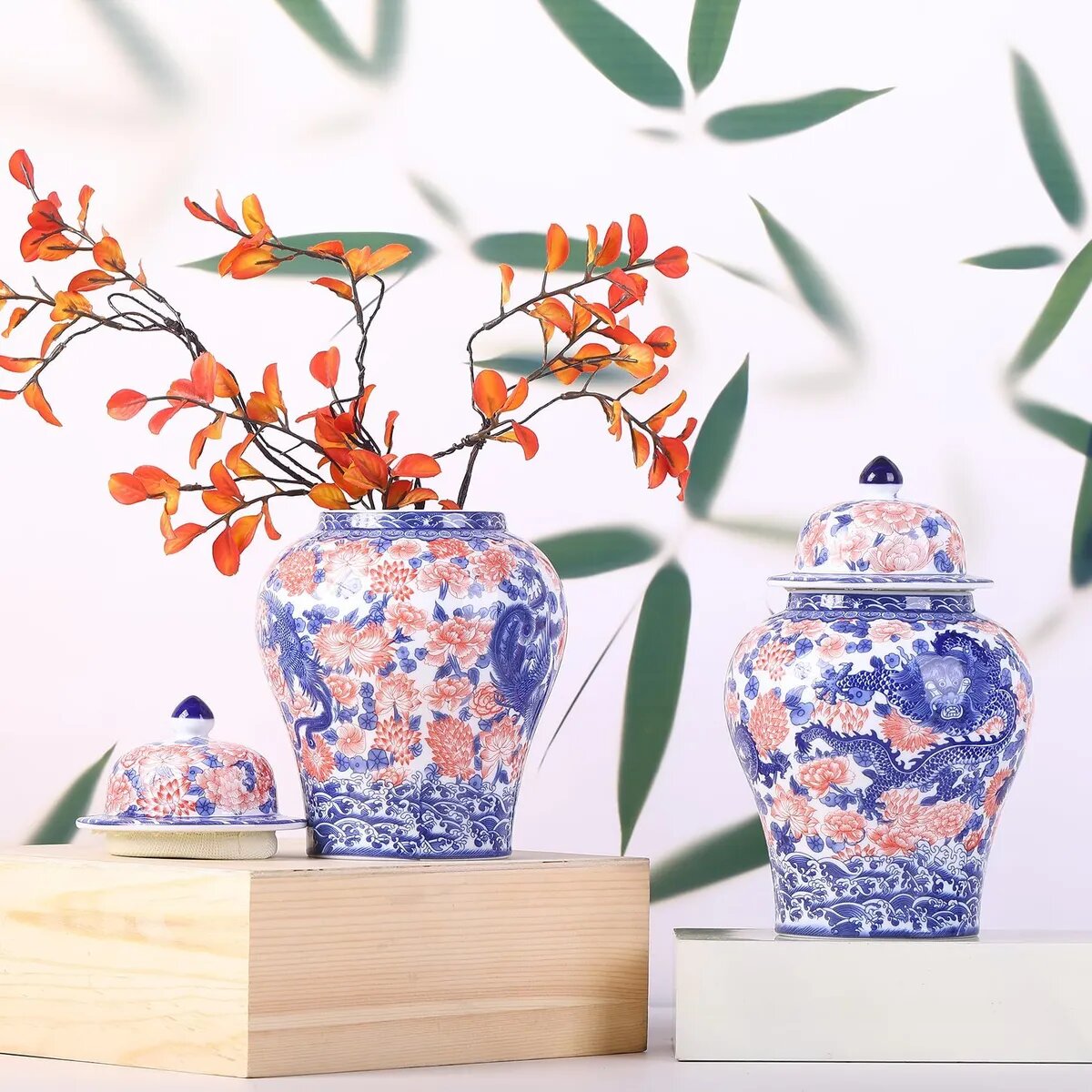 Ваза "Фарфоровая ваза Celadon, Ваза с восточным узором "Дракон + Феникс китайская имбирная ваза с крышкой, античный стиль, домашний декор, стиль Мин и Цин", 21 см , Керамика, 2 шт