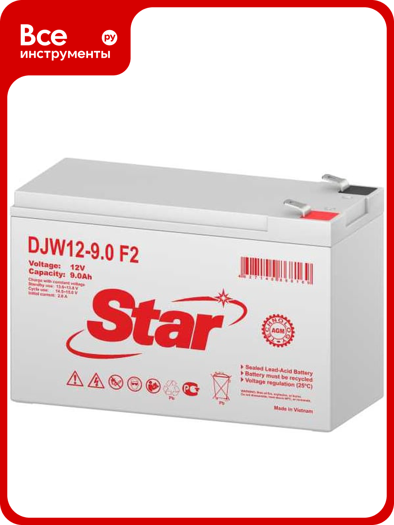 Аккумулятор для ИБП DJW12-9.0 F2 12 В, 9 А*ч Star УТ-00002533 12В прямая полярность технология AGM