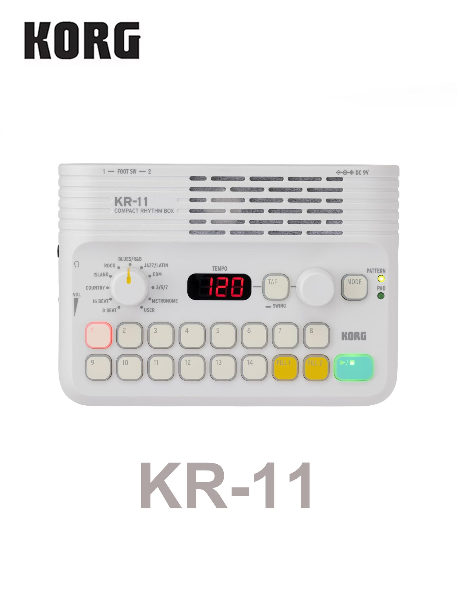 Мини-барабанная установка Korg KR-11, 126 режимов, компактность и лёгкость