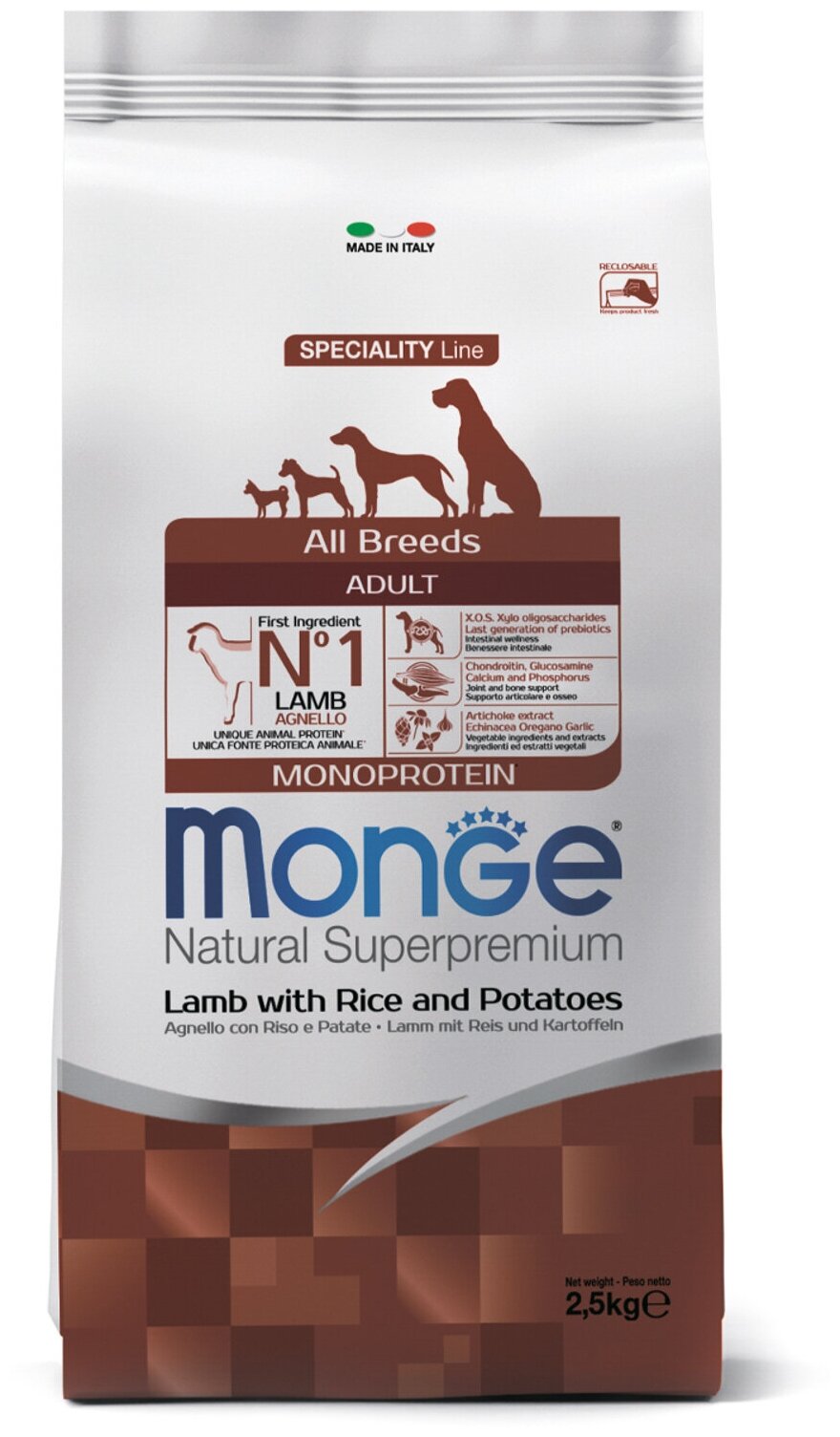 Monge Dog Monoprotein Монж корм для собак всех пород ягненок с рисом и картофелем 2,5 кг