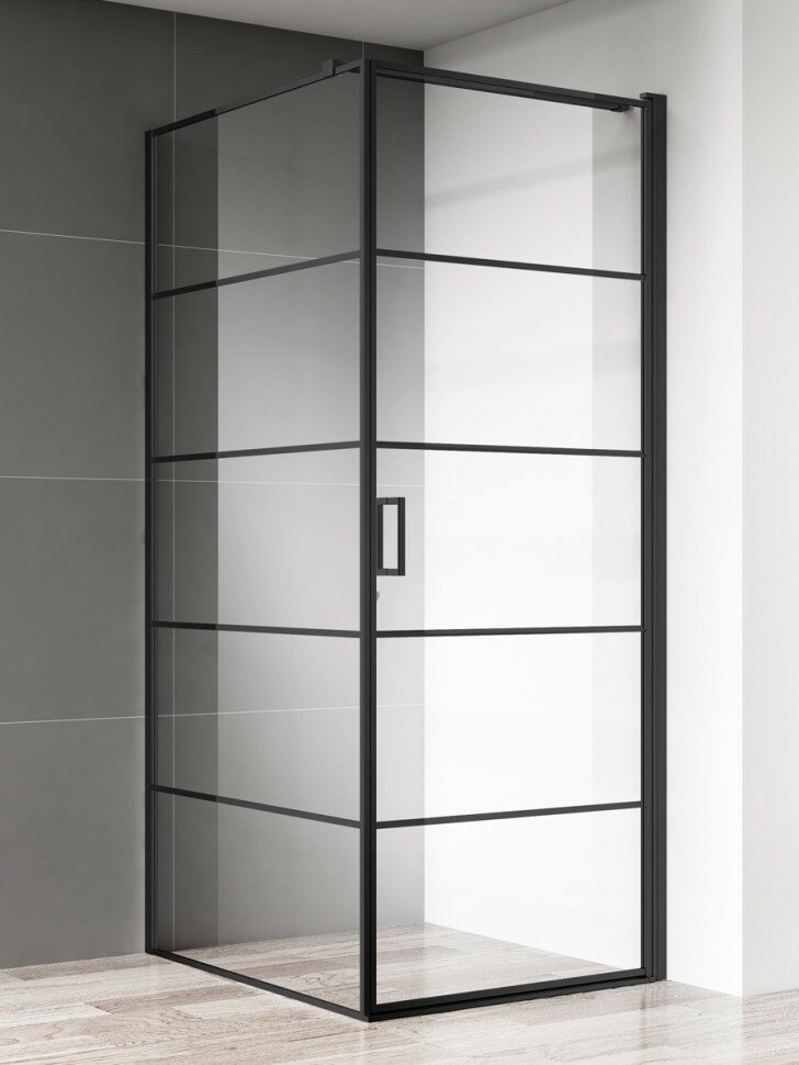 Душевой уголок 900*900*1950мм. (правый), стекло 6мм, цвет профиля матовый черный, горизонтальные линии.