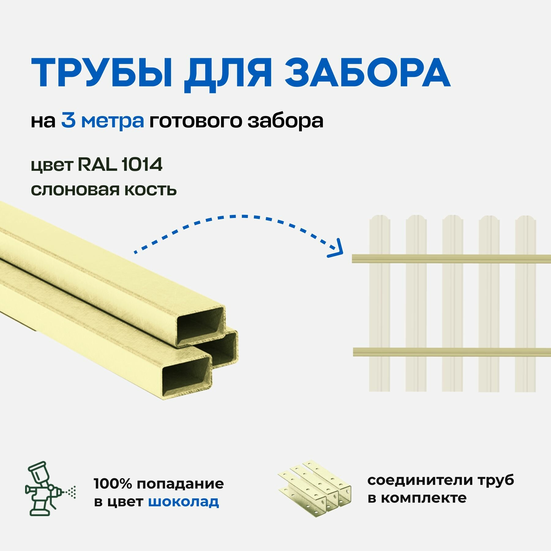 Трубы металлические для штакетников с соединителем, 3 метра, слоновая кость