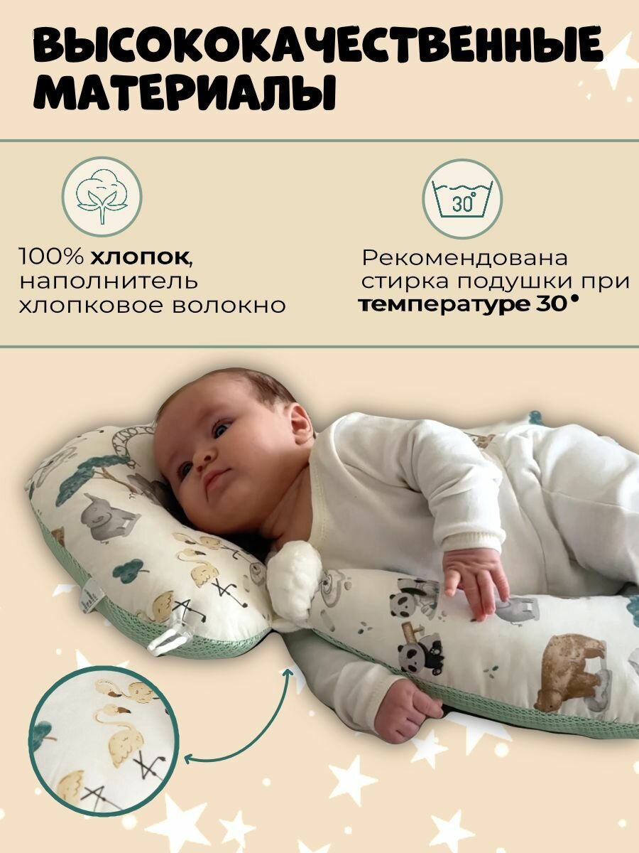 Подушка для новорожденных кокон позиционер для сна ортопедическая анатомическая в кроватку размер: 60*40 цвет: Бирюзовый (Саванна)