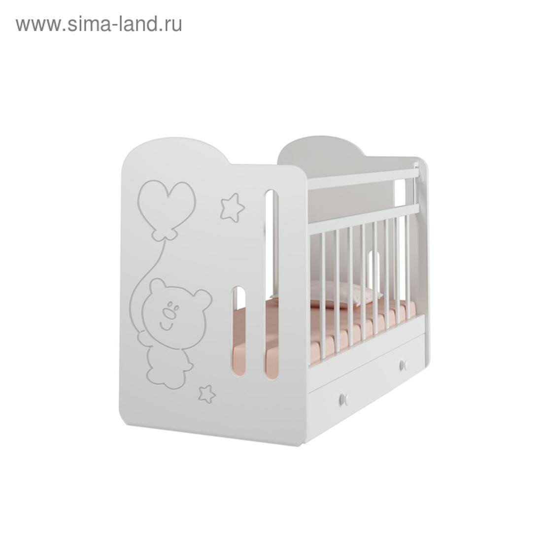 Кровать детская Sweet Bear, маятник, с ящиком, белая, 1200×600