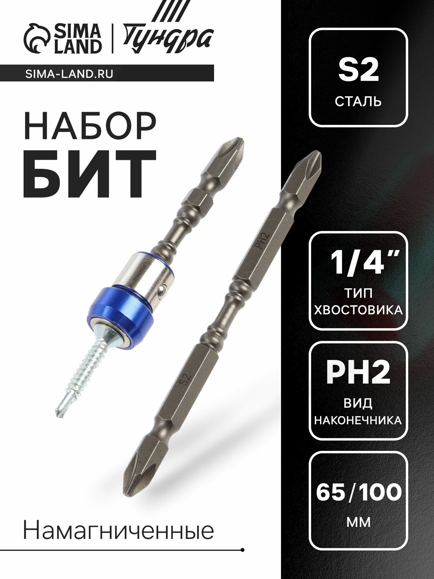Набор бит сталь S2, круглый магнит, двухсторонняя, PH2x65 и 100 мм, 2 шт.
