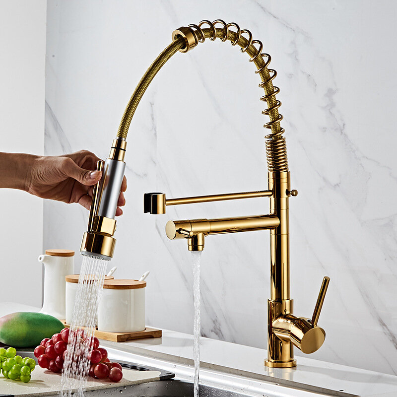 Смеситель для кухни (кухонной раковины) с гибким изливом Kitchen Faucet, золотой