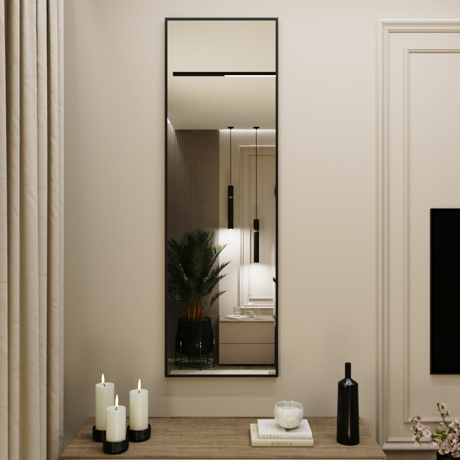 Зеркало настенное 140х40 см. BLX MIRROR интерьерное в алюминиевой раме, Черное