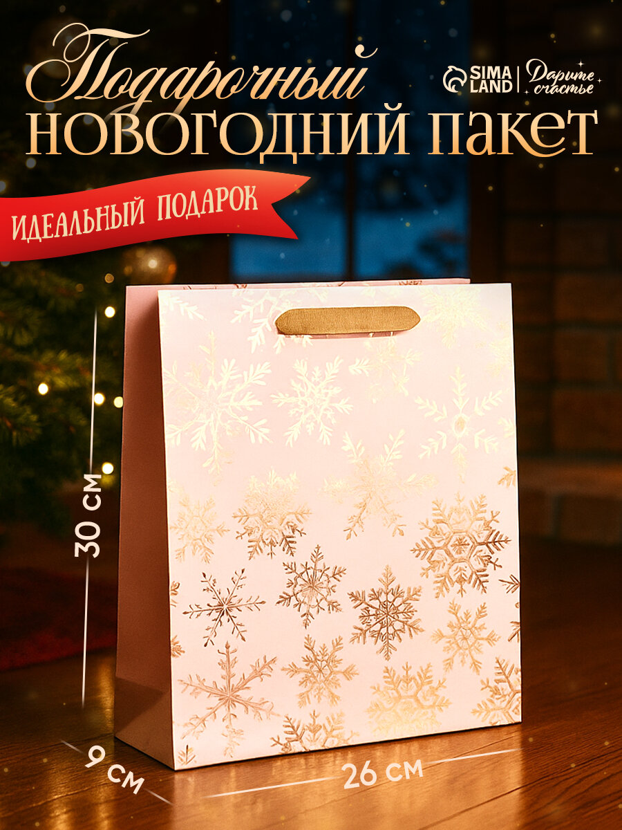 Подарочный пакет новогодний ламинированный «Вьюга», тиснение, M 30 х 26 х 9 см, на Новый год.
