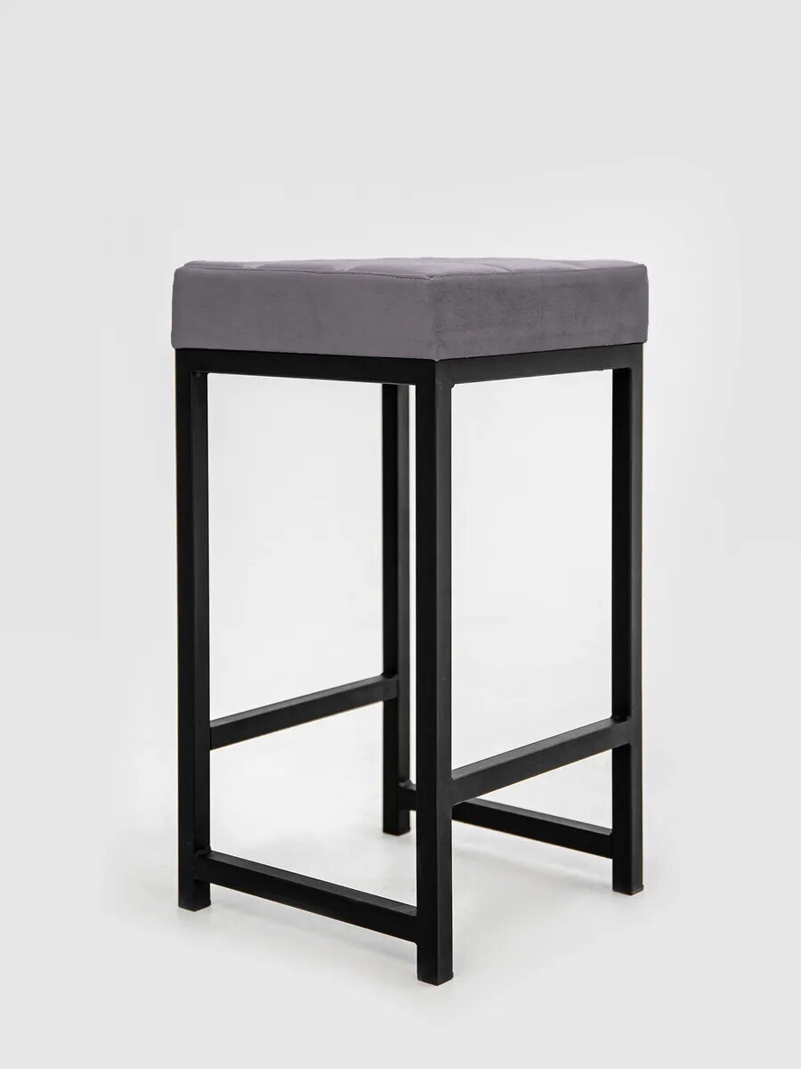 Полубарный стул для кухни без спинки сборный, металлический, велюр, серый